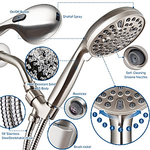 High Pressure Handheld Shower Head, 10-Setting Showerhead, 4.7”Detachable Showerhead Set with 5ft Hose, Adjustable Bracket and Built-in Power Wash to Clean Tub, Tile & Pets - Brush Nickel