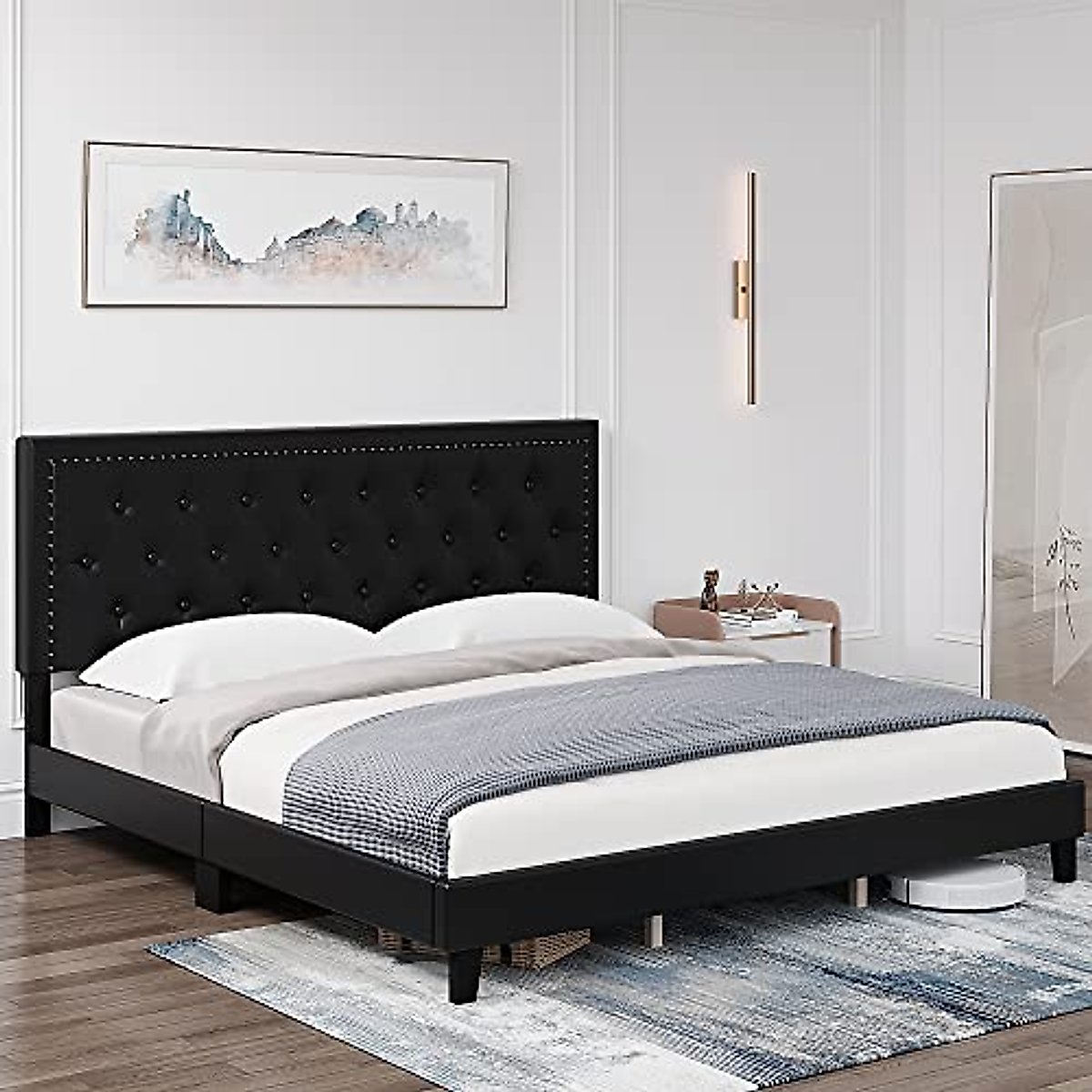 Homhougo Full Size Bed Frame with Adjustable Headboard, Upholstered Platform Bed with Button Tufted Faux Leather Headboard, Wood Slat Support, Noise-Free, No Box Spring Needed, Easy Assembly, Black