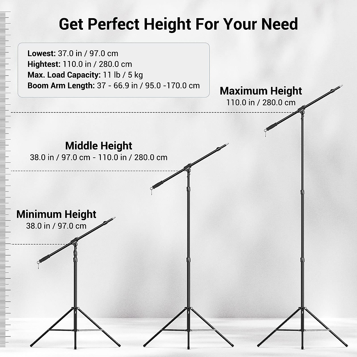 SmallRig Aluminum Light Stand 110"/9.2ft/280cm, Adjustable Photography Air-Cushioned Tripod Stand with 1/4" Screw for Softbox, Studio Light, Flash, Umbrella, Ring Light, Max Load 5kg, RA-S280A - 3737