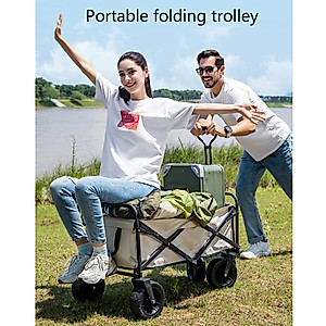 Collapsible Folding Wagon with 150L Capacity, Heavy Duty Foldable Utility Garden Cart with Big All-Terrain Beach Wheelsand Drink Holders.White
