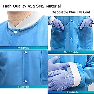 Greenour Pack of 10 Disposable Lab Coat, 3 Pockets, Thicker Short Blue SMS Smock with Knitted Cuffs and Collar(Medium)