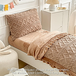 AIKASY Velvet Toddler Bedding Set 4 Piece -Jacquard Plush and Ruffled Fringe Comforter, Flat Sheet, Fitted Sheet and Pillowcase- Suitable for Boys and Girls （Coffee）