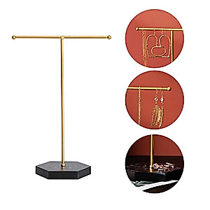 Jewelry Stand Display Necklace Holder T-Bar Plated Metal Tabletop Jewelry Organizer Tower for Show Jewelry Hanging Pendant Earring Bracelet Ring Accessorie with Black Marble Plywood Bases.