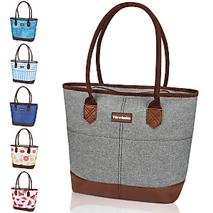 Tirrinia Large Insulated Lunch Tote Bag for Women, Cute Waterproof Leakproof Cooler Bag with Zipper for Work, Beach, Adult Shopping Grocery Bags for Frozen Food - Grey