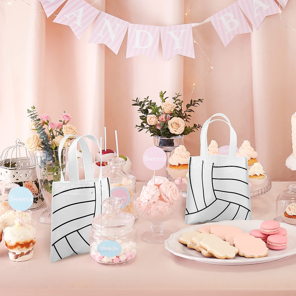 MIMIND 24 Pieces Volleyball Non-Woven Party Favor Bags with Handles 7.8 x 7.8 Inch Volleyball Party Favor Bags Goodie Treat Candy Bags for Sports Theme Party Baby Shower Birthday