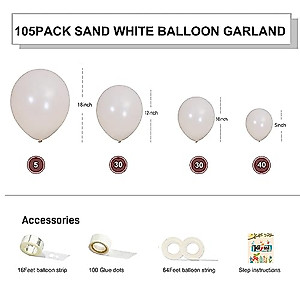 White Sand Balloons 105Pcs 18/12/10/5 Inch Different Sizes Cream Beige Balloon Arch Kit for Birthday Baby Shower Wedding Bridal Graduation Decoration Valentines Party Supplies