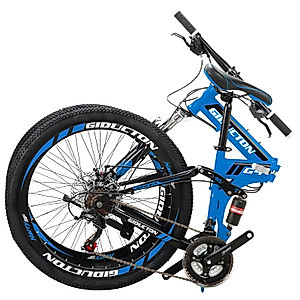 EUROBIKE YH-G4 Folding Mountain Bike for Adults 26 Inch Wheels 21 Speed Full Suspension Dual Disc Brakes Foldable Frame Bicycle (Blue)