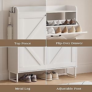 EOYUTLLY Shoe Cabinet Storage for Entryway, Narrow Shoe Rack Cabinet with 2 Flip Drawers, Freestanding Hidden Shoe Rack Storage Organizer, White with Metal Legs