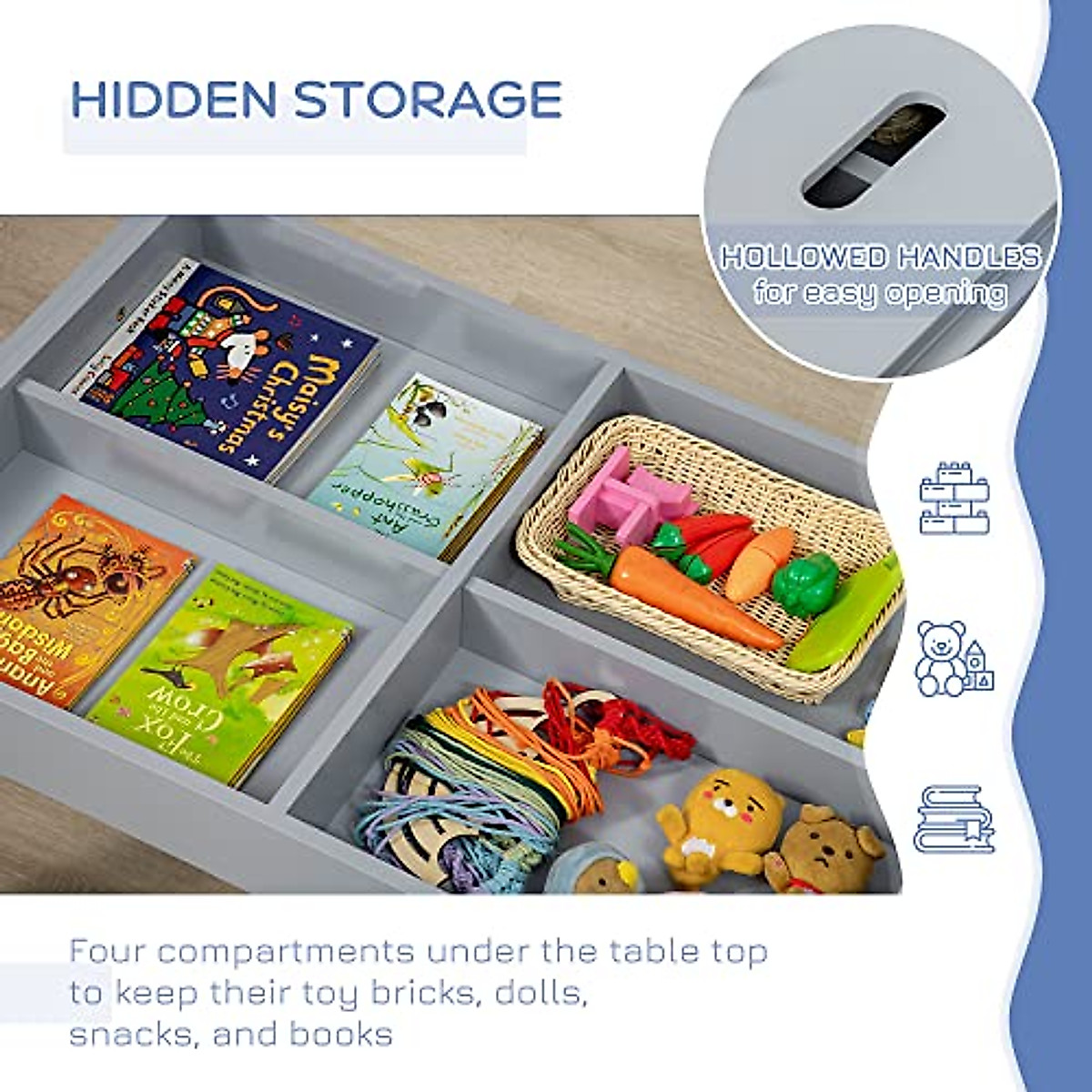 Qaba 3 Pcs Kids Table and Chair Set with Storage Under Tabletop, Activity Table and 2 Chairs, Kids Drawing Table for Playroom Furniture, Grey