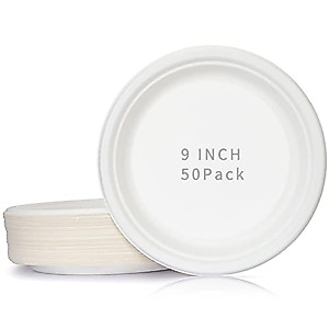 FYY 9 Inch Paper Plates, [50 Count] Disposable Sugarcane Paper Plates, Eco-Friendly Unbleached Heavy Duty Compostable 100% Biodegradable Paper Plates