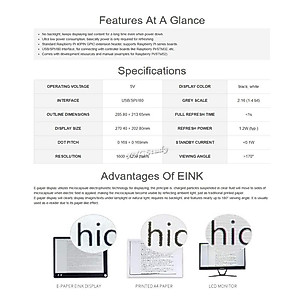 13.3inch e-Paper e-Ink Display HAT for Raspberry Pi Resolution 1600×1200 Black/White 16 Grey Scales USB/SPI / I80 Partial Refresh Support @XYGStudy