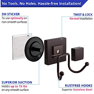 HOME SO Suction Cup Hooks for Shower, Bathroom, Kitchen, Glass Door, Mirror, Tile – Loofah, Towel, Bath Robe Removable Hook Holder – Prisma Collection, Stainless Steel Bronze (2-Pack)…