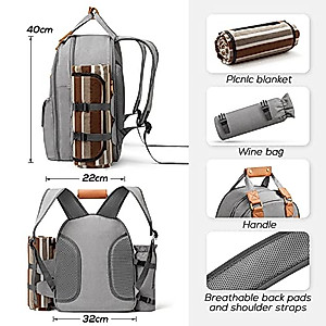 DHAEE Picnic Backpack Bag for 4 Person with Cooler Compartment and Wine Holder,Fleece Blanket,Cutlery Set,for Camping,Beach,Day Travel,Hiking,BBQ and Family/Couples Gifts,Accessories,Supplies(Gray)