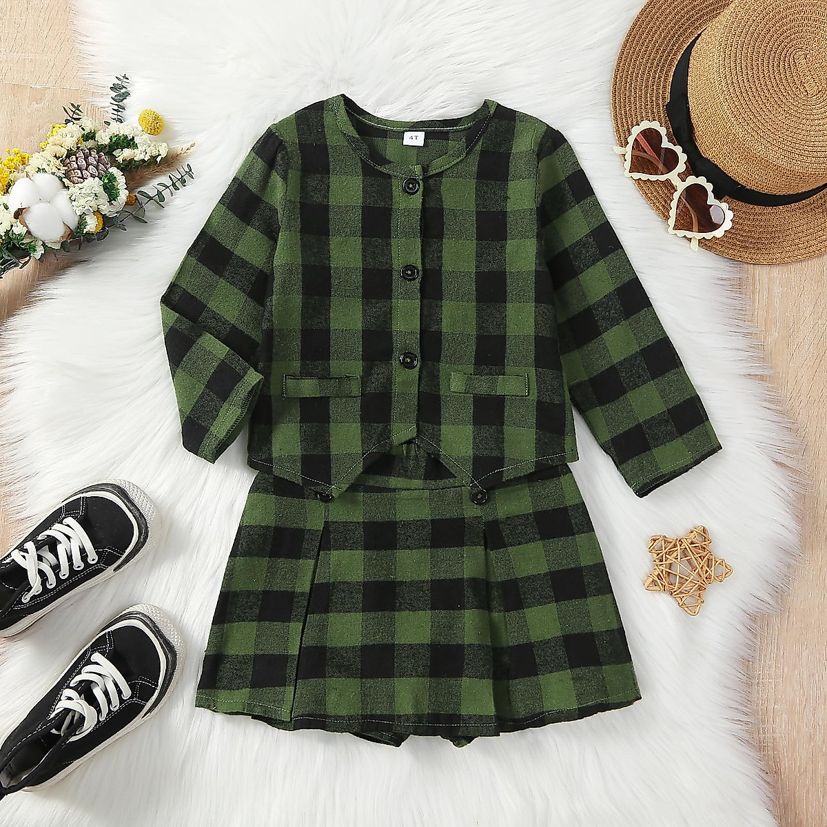 Baby Girl Plaid Skirt Sets Long Sleeve Crew Neck Buttons Jacket Coat A Line Short Shirt Spring Fall Winter Fashion (Green, 3 Years)