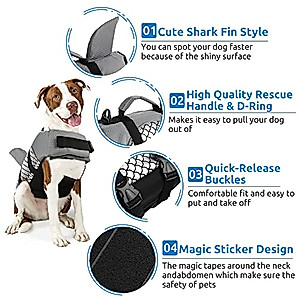 SUNFURA Dog Shark Life Jacket, Ripstop Dog Life Vest Puppy Floats for Swimming Pool with Rescue Handle & Superior Buoyancy, Small Medium Dog Life Jackets Pet Life Preserver for Boating (Silver,L)