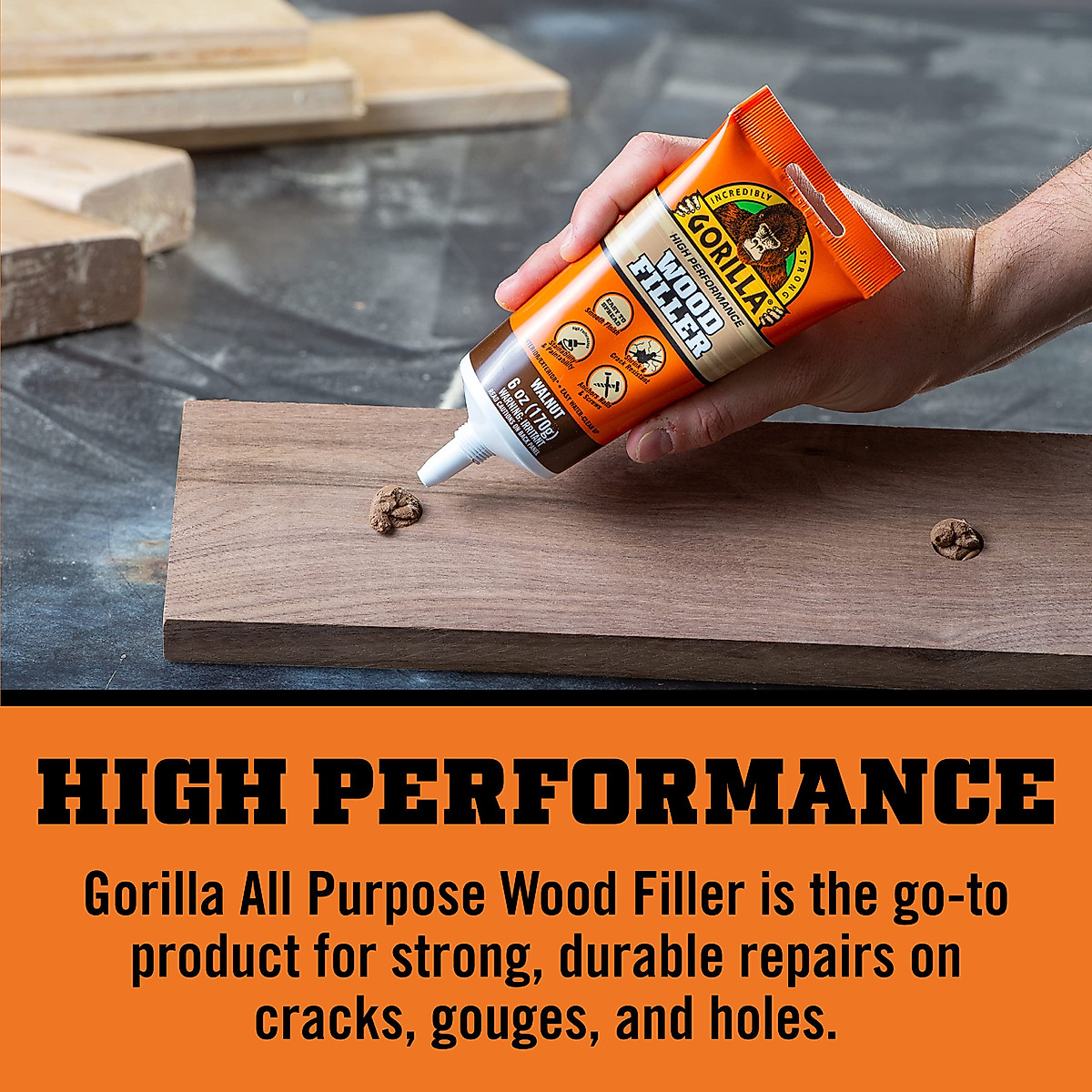 Gorilla All Purpose Wood Filler, 6oz Tube, Walnut (Pack of 1)