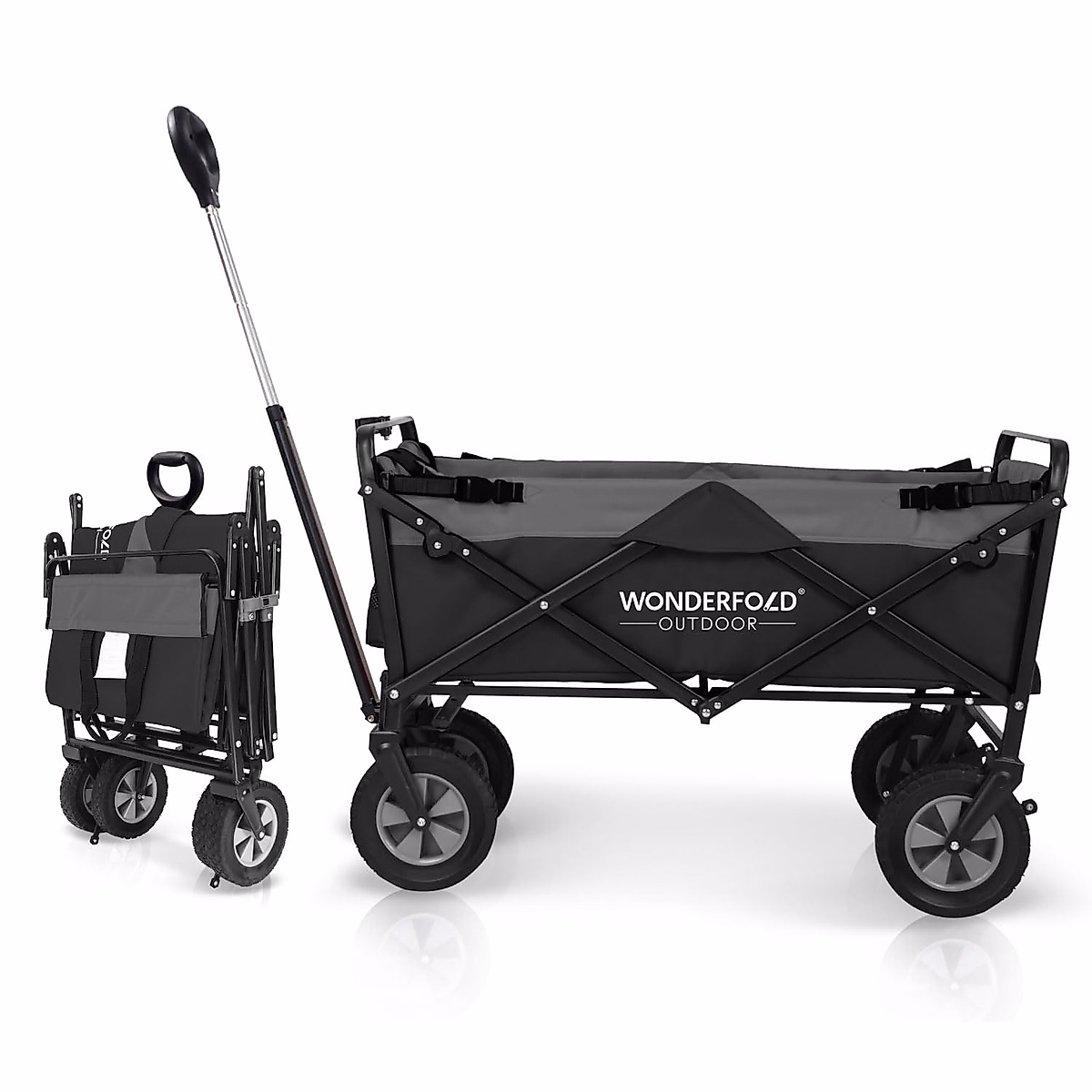 WONDERFOLD S1 Folding Utility Cart with Easy-Clean Removable 600D Fabric, Adjustable Pull Handle with Spring Bounce Technology & Active Front Steering, Black