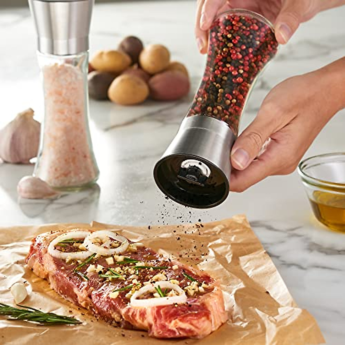 GLING Salt and Pepper Grinder Set - Refillable Sea Salt & Peppercorn Stainless Steel Shakers - Salt and Pepper Mill - 7.5 Inch