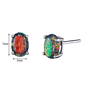 Peora Solid 14K White Gold Created Black Fire Opal Earrings for Women, Classic Solitaire Studs, 7x5mm Oval Shape, 1 Carat total, Friction Back