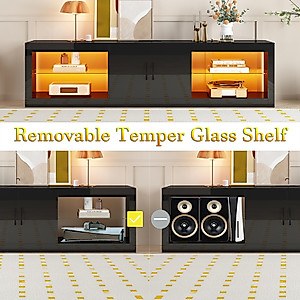 Vinctik 6&Fox 70 Inch Led TV Stand for 80/75 Inch TV, Modern Black Entertainment Center with Adjustable Glass Shelves Two Cabinets, Gaming High Gloss TV Stand with Led Light for Living Room,Black