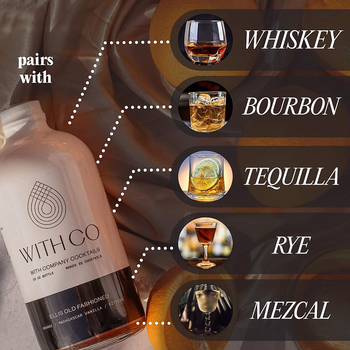 WithCo Ellis Old Fashioned Mix Cocktail Drink Mixer - Madagascar Vanilla, Orange, Angostura Bitters & Cinnamon - Ideal for Whiskey, Bourbon, Mezcal, & Mocktails - Makes 32 Cocktails, 16 oz