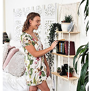 Macrame Wall Hanging Shelf-ideal décor-plants storage bookshelf-Bohemian Decorative Shelves-Boho Floating Indoor Shelving–For bedroom kitchen bathroom room with window Plant hanger 3 Tier Heart