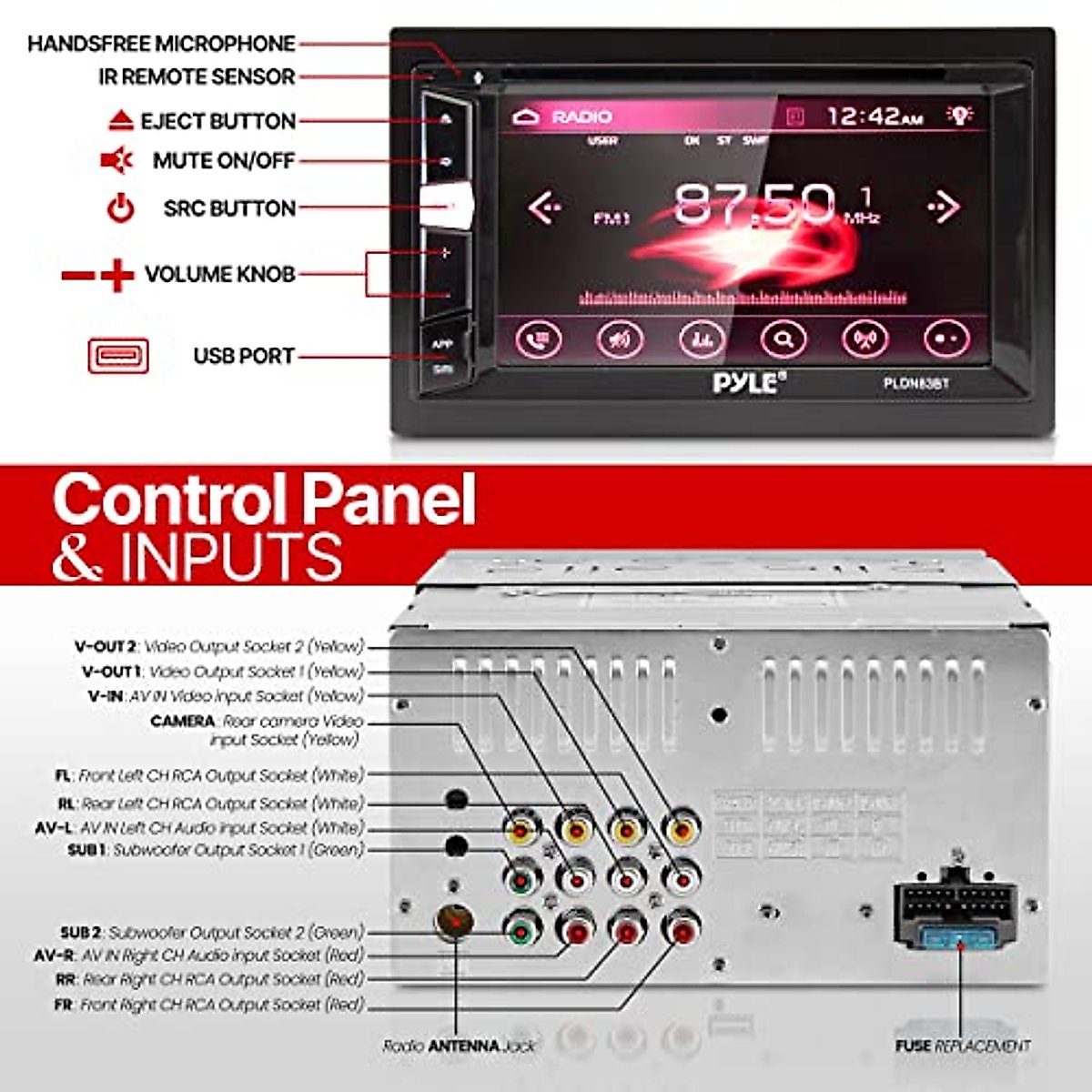 Pyle Double Din DVD Car Stereo Player Bluetooth in-Dash Car Stereo Touch Screen Receiver w/USB/SD, MP3, CD Player, AM FM Radio, Steering Wheel Feature, Hands-Free Call, Camera/Speaker Input - Pyle