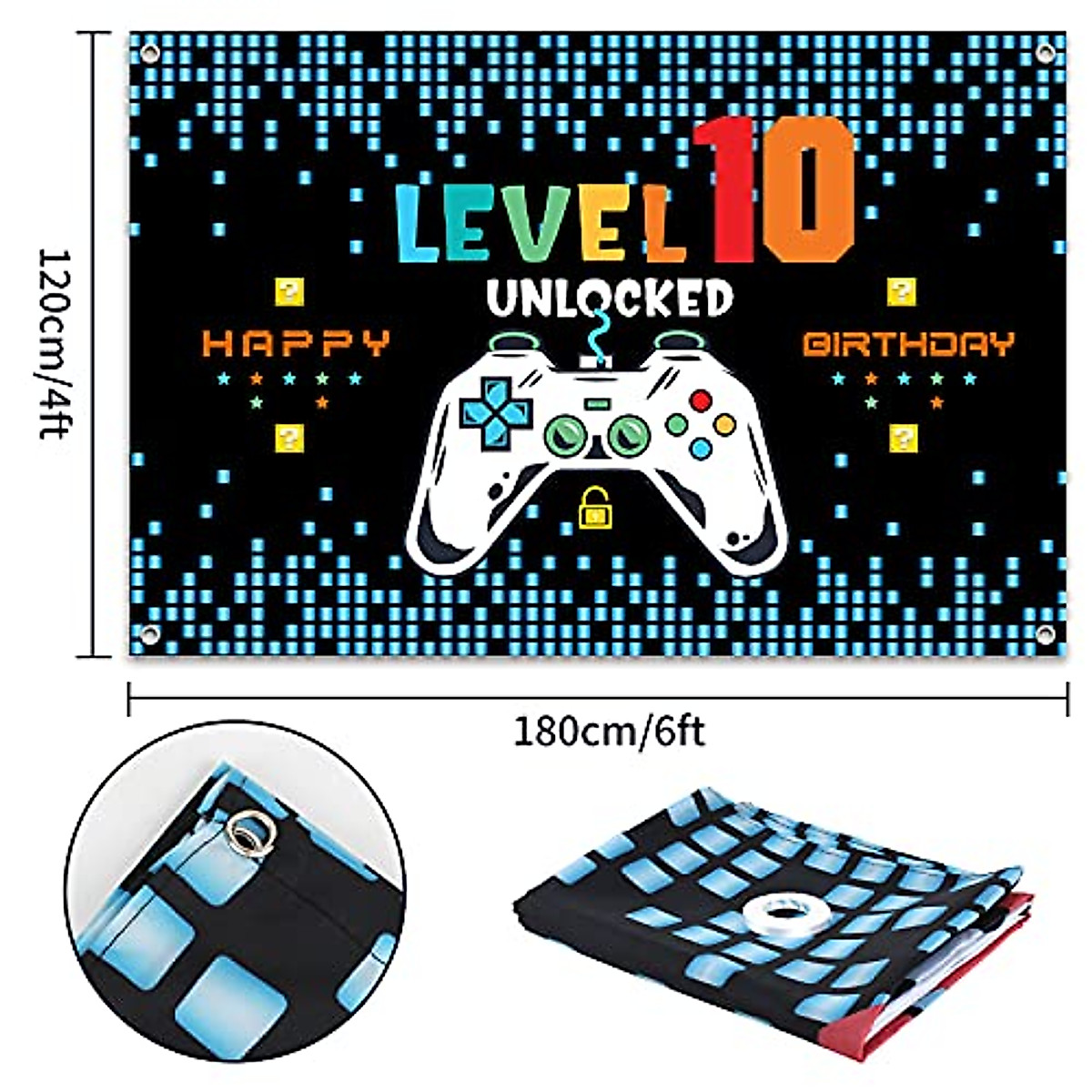HAMIGAR 6x4ft Happy 10th Birthday Baner Backdrop - Level 10 Unlocked Birthday Decorations Party Supplies for Boys - Blue