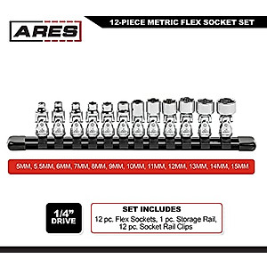 ARES 39009-12-Piece 1/4-Inch Drive Metric Flex Socket Set - 6 Point Sockets Constructed From Premium Heat Treated Chrome Vanadium Steel - Storage Rail Included