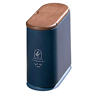 3.2Gal/12.1L Oval Slim Trash Can - Nordic Style Garbage Can with Lid - Blue Plastic Trash Can w/ Press Top Wood Grain Lid - Space Saving Kitchen Trash Can w/ Double Barrel Removable Plastic Bin Liner