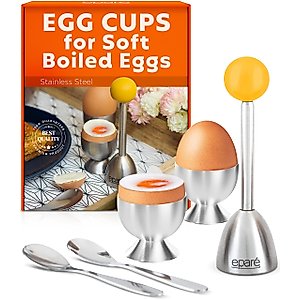 Egg Cups for Soft Boiled Eggs with Spoons - Stainless Steel Egg Topper - Durable Egg Opener Topper Cutter - Giftable Egg Cracker Tool & Soft Boiled Egg Holder Cutter by Eparé