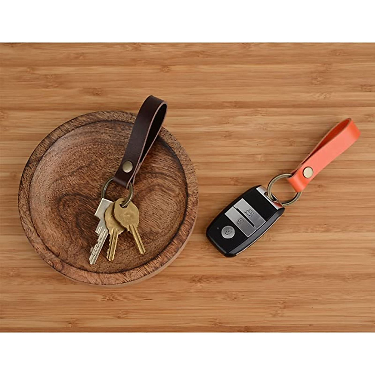 Zittop Leather Keychain POB Solid Metal Bronze Handcraft Key Ring Lanyard Handmade (Coffee colour)