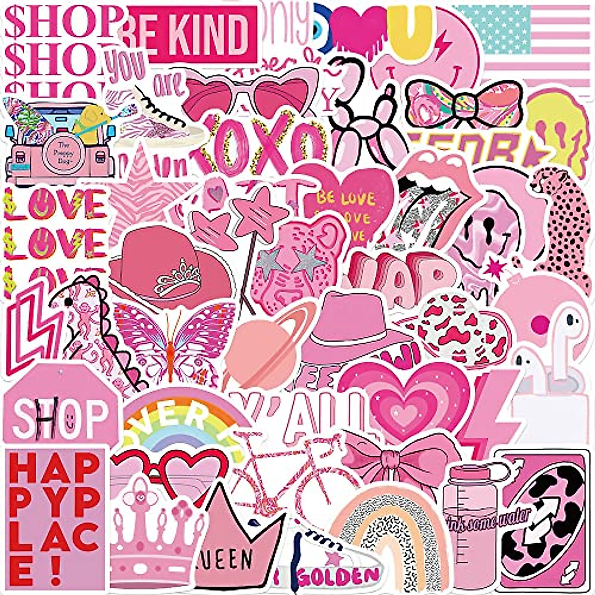 Preppy Sticker 100pcs Pink Party Supplies Decor Aesthetic Stickers Waterproof Sticker Mobile Phone for Laptop Water Bottle