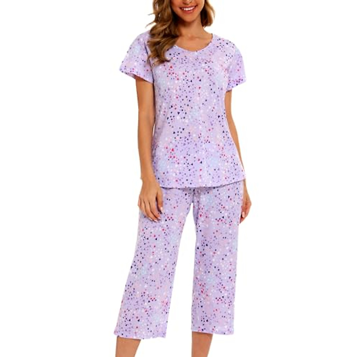 ENJOYNIGHT Women's Cute Sleepwear Tops with Capri Pants Pajama Sets Cotton Pj Set for Women(2X-Large,PU) Purple