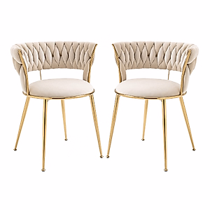 DUOSI Leisure Dining Chairs Set of 2, Velvet Upholstered Accent Side Chair, Modern Leisure Chair with Weaving Back and Golden Metal Legs for Living Room Kitchen Bedroom Pub, Ivory