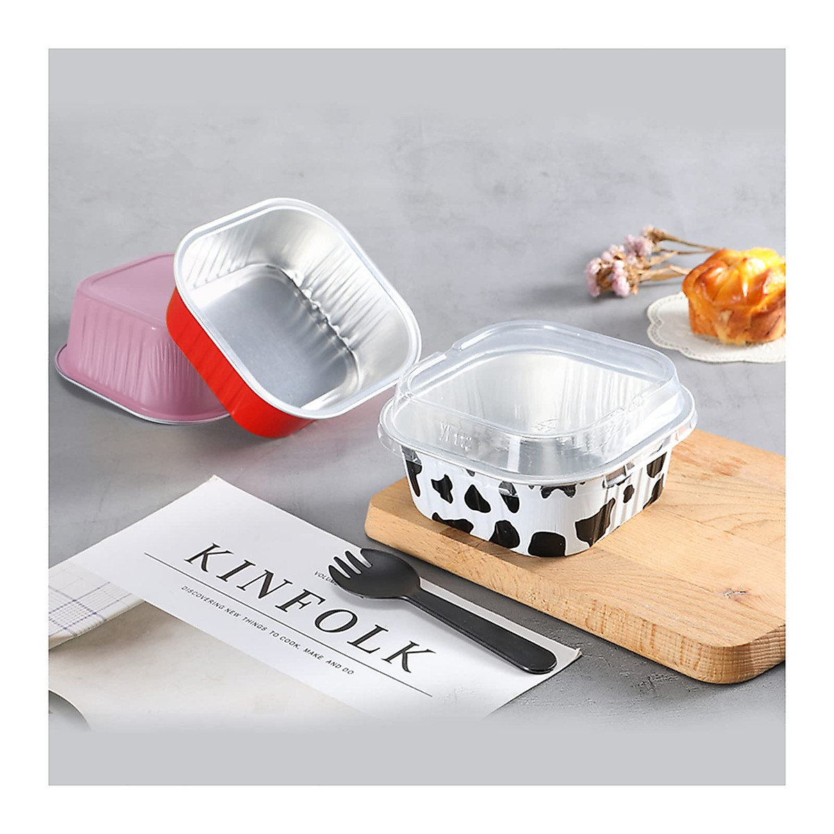 EUSOAR Cupcake Liner, 50pcs 10oz Pink Foil Mini Flan with Lids, Loaf Pans Aluminium Tins for Baking, Disposable Creme Brulee Cups Dessert Containers for Pie Souffle, Cake Holder for Party Serving