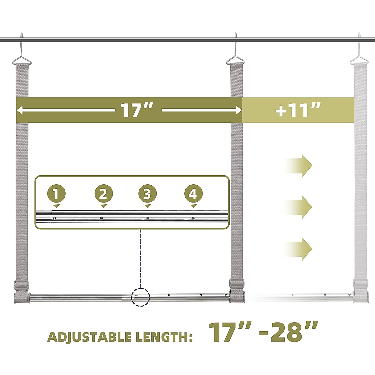 STORAGEIDEAS Hanging Closet Rod, 17-28In Adjustable Width and Up to 32In Height Adjustable Closet Rod Extender, Double Closet Rod Hanging Bar, Space-Saving Tension Hanging Organizer, Webbing, 1 Pack
