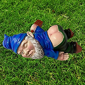 MINICAR Large 9.5'' Tall Funny Drunk Garden Gnome Outdoor Statue, Naughty Knome Figurine Lawn Ornament Dwarf Sculpture Yard Decor Landscape Porch Decoration Outside Novelty Gift(Blue)
