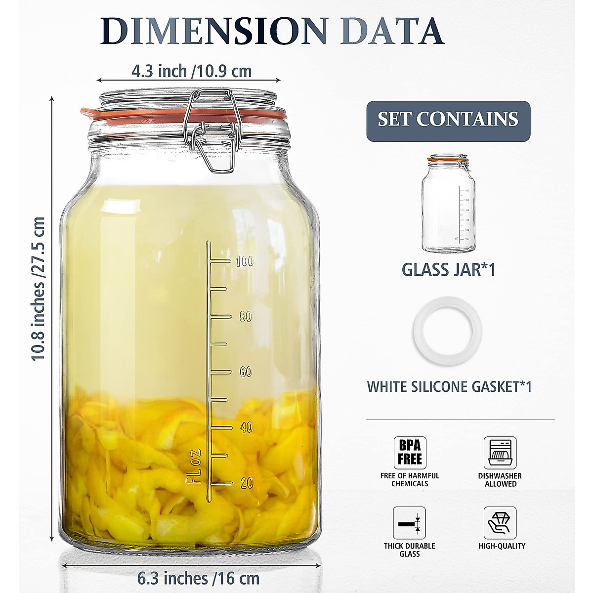 Folinstall Super Wide Mouth Glass Storage Jar with Airtight Lids, 1 Gallon Large Mason Jars with 2 Measurement Marks, Large Capacity for Pickle Jar, Overnight Oats