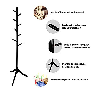 YEVONNIE Coat Rack Free Standing, Solid Wood Coat Stand, Hall Coat Tree with 8 Hooks for Coats, Hats, Bags, Purses, for Entryway, Hallway, Rubberwood (BLACK)