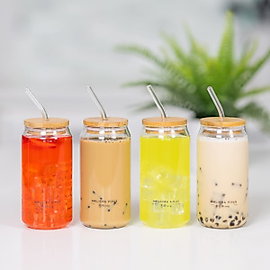 Meliora Vivus | 4pcs Glass Cups with Bamboo Lids and Glass Straws | 20 oz drinking glasses | Beer/Soda Can Shaped Cup Set | Cute Glasses Ideal for Iced Coffee, Beer, Wine, Soda, or Water.