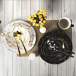 Melamine Dinnerware Sets - 12 pcs Melamine Plates Indoor and Outdoor use Black Marble Plates and Bowls Dinnerware Sets Camping Dish Set for 4 Dishwasher Safe(Sahara Gold)