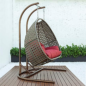 LeisureMod Outdoor Patio Beige Wicker Hanging 2 Person Double Egg Swing Chair (Dark Red)