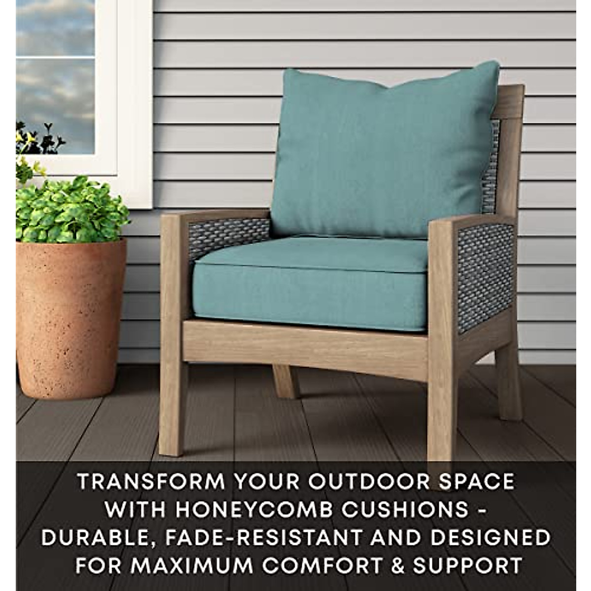 Honeycomb Outdoor Textured Solid Coastal Blue Deep Seating Patio Cushion Set: Resilient Foam Filling, Weather Resistant, Stylish Set, Seat: 24" W x 23" D x 6.5” T; Back: 27" W x 24” L