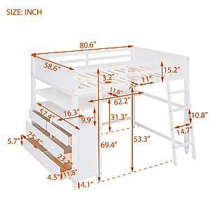Full Size Loft Bed with Desk and Storage Drawers, Wood Full Loft Bed with Safety Guardrails, Ladder, Headboard and Footboard, High Loft Bed for Kids, Teens, Adults Boys & Girls(Full, White)