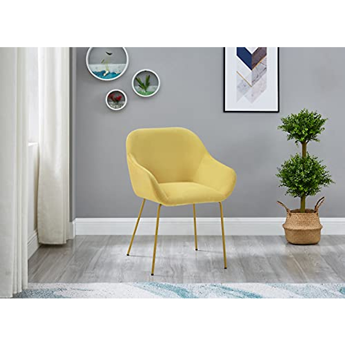 Ball & Cast Upholstered Dining Modern Accent Chair with Low Armrest Golden Metal Leg Set of 1, Medium, Yellow