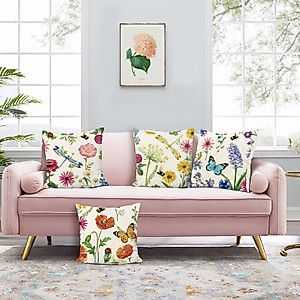 Bonhause Spring Floral Throw Pillow Covers 18x18 Set of 4 Wildflowers Plants Butterfly Patio Decorative Pillow Cushion Cases Outdoor Cushion Covers for Couch Sofa Bedroom Car Home Decor