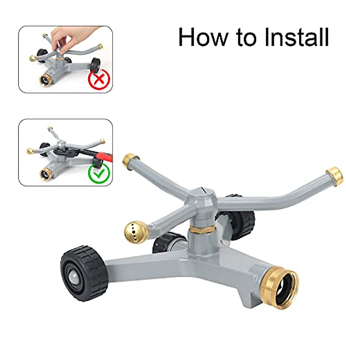 STYDDI Metal Rotating Water Sprinkler for Yard, Heavy Duty Metal 3-Arms 360 Degree Automatic Rotary Lawn Sprinkler with Wheeled Base for Outdoor Lawn and Garden, Yard