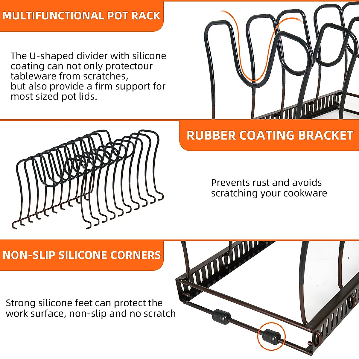 ROOHUA Pot Rack Organizer -Expandable Pot and Pan Organizer for Cabinet,Pot Lid Organizer Holder with 10 Adjustable Compartment for Kitchen Cabinet Cookware Baking Frying Rack,Bronze