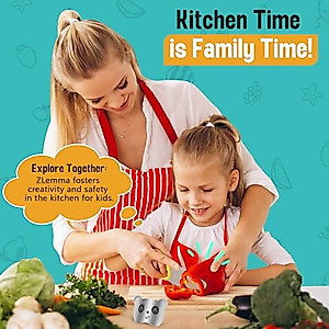 ZLemma Kids Knife Set for Real Cooking with Educational Ring & Panda Finger Guard for Boys & Girls Cutting, Kids Chef Knife Stainless Steel Blade for Kitchen Cutting-Cool-toned